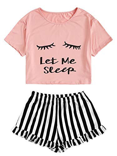 WDIRARA Women's Sleepwear Closed Eyes Print Tee and Shorts Cute Pajama Set Pink XS