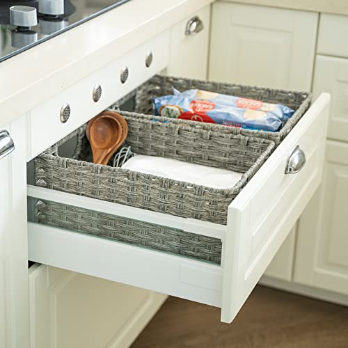 ROSOS Wicker Baskets 2 Pack, Wicker Storage Basket with Handles, Large Wicker Baskets for Storage, Waterproof Wicker Baskets for Organizing, Large Storage Baskets Wicker 15" and Medium 14", Grey