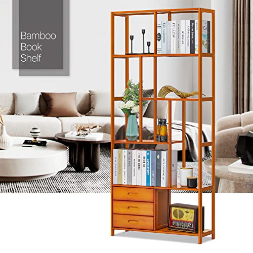 MoNiBloom 4 Tier Bookcase with 3 Drawers, Bamboo Freestanding Ventilated Display Shelf Storage Organizer Cabinet for Bedroom Living Room Office Décor, Brown