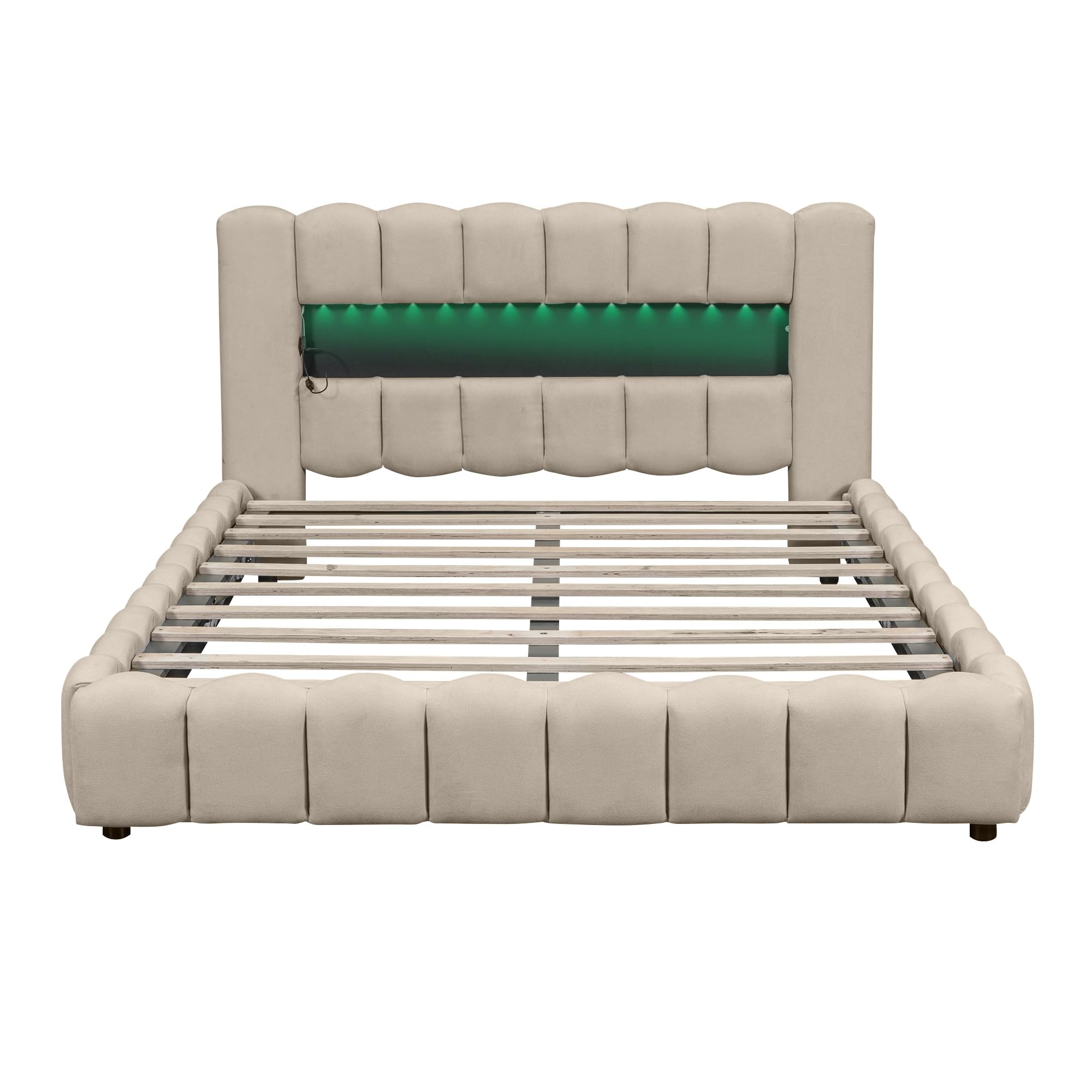 DOLPRNE Queen Size Bed Frame,Modern Upholstered Platform Bed with LED Headboard and USB,Velvet Tufted Headboard,No Box Spring Needed,Beige