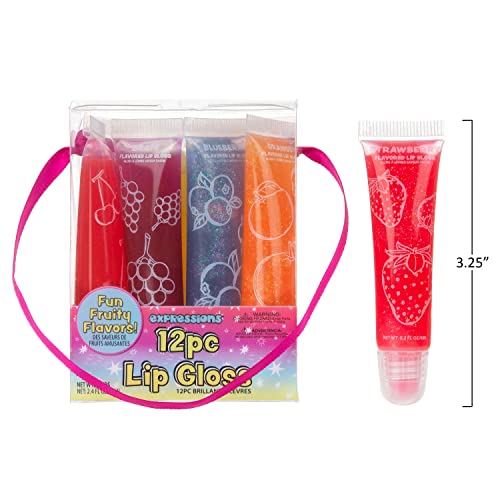 Expressions 12pc Flavored Lip Gloss Set, Glitter Lip Kit, Fruit Flavored Lip Gloss Tubes, Lip Gloss for Kids, Safe and Non Toxic Kids Makeup Set