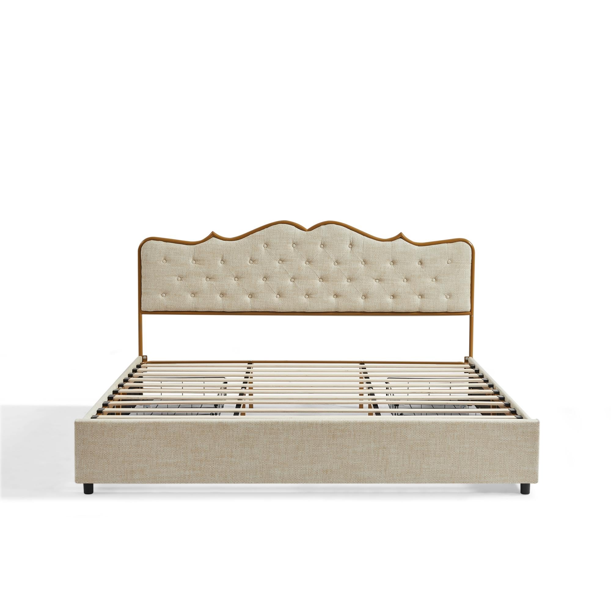 Dolonm King Size Classic Buckle Backrest Platform Bed Frame with Four Storage Drawers Metal Frames Bed Foundation with Wooden Slats Support, Beige + Yellow Leather Sponge Soft Bag Beds