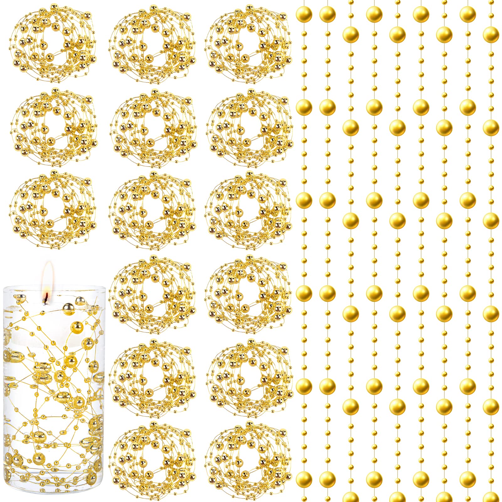 DomeStar 36 Pcs Artifical Gold Pearl String for Floating Candle,Floating Faux String Pearls Beads for Vases Filler Centerpiece Christmas Wedding DIY Crafts Party Decor