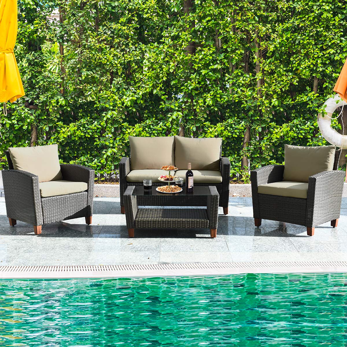 Tangkula 4 Piece Patio Rattan Furniture Set, Onesize, Beige