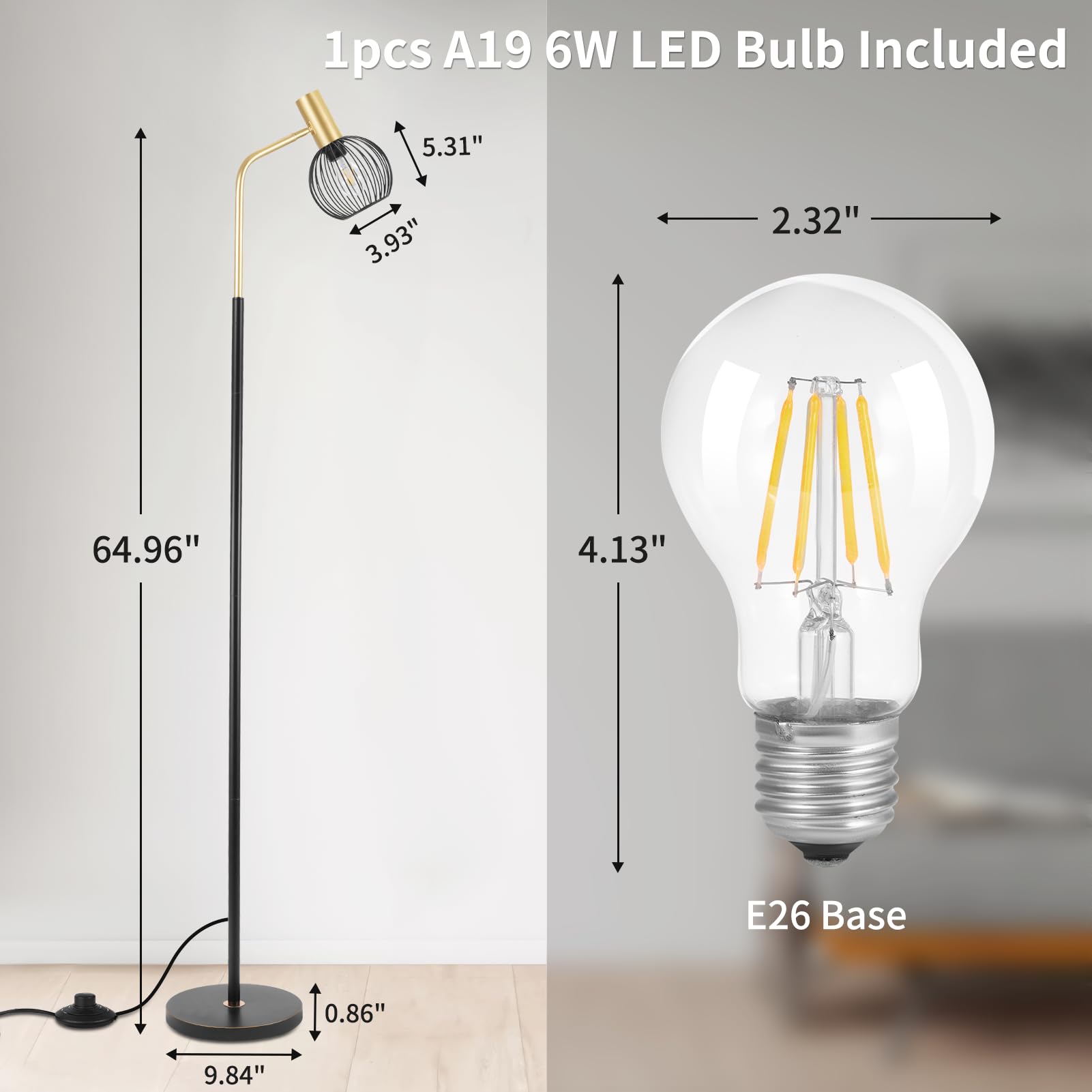 Duheypo Dimmable Floor Lamp, Industrial Floor Lamps for Living Room, Farmhouse Tree Floor Lamp Rustic Standing Tall Lamp with 3 LED Edsion Bulbs