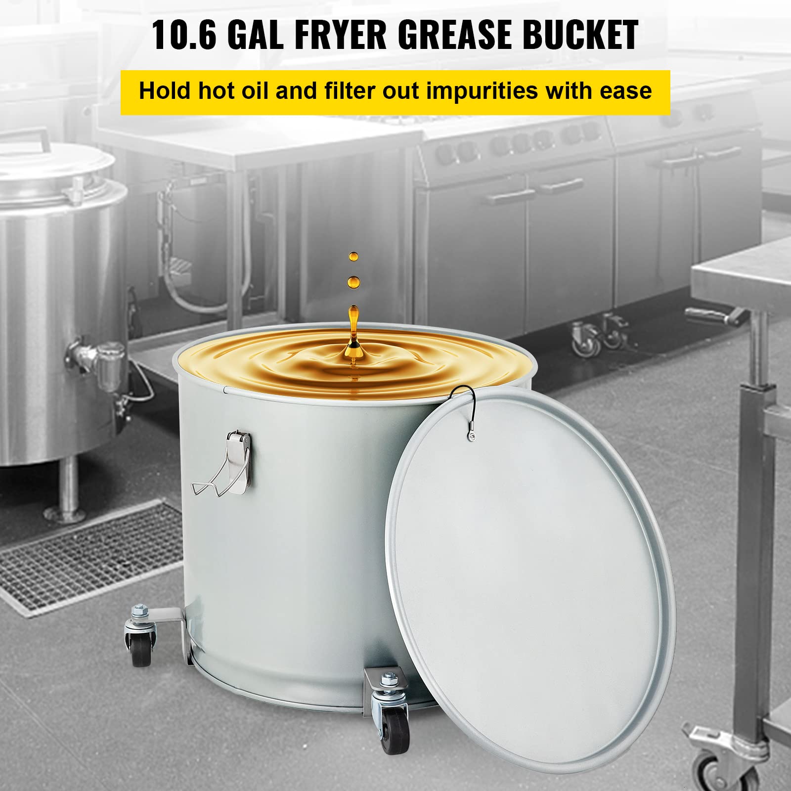 VEVOR Fryer Grease Bucket 11 Gal, Coated Carbon Steel Oil Filter Pot 40L with Caster Base, Oil Disposal Caddy with 82 LBS Capacity, Transport Container with Lid Lock Clip Nylon Filter Bag Silver