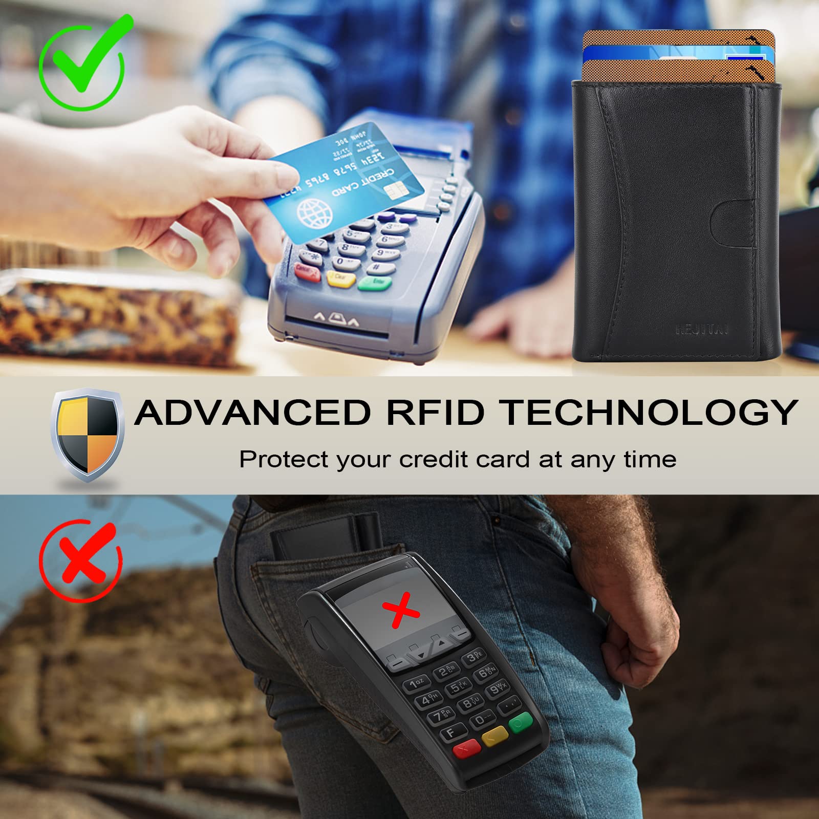 HEJITAI Wallet for Men, Leather Mens Wallet, AirTag Wallet with ID Window, Pop Up Wallet Large Capacity, Trifold Wallet RFID Blocking, With Gift Box