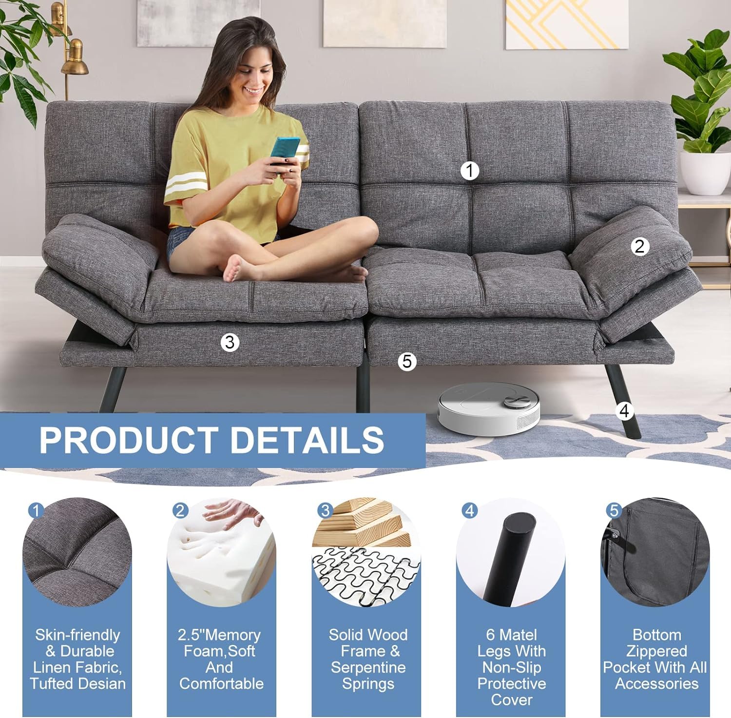 MUUEGM Convertible Futon Couch Bed Sofa,Loveseat Sleeper Sofa Bed Couch,Memory Foam Modern Futon Adjustable Armrest and Backres,Sleeping Sofa for Living Room,Small Space,Apartment Office,Dark Gray