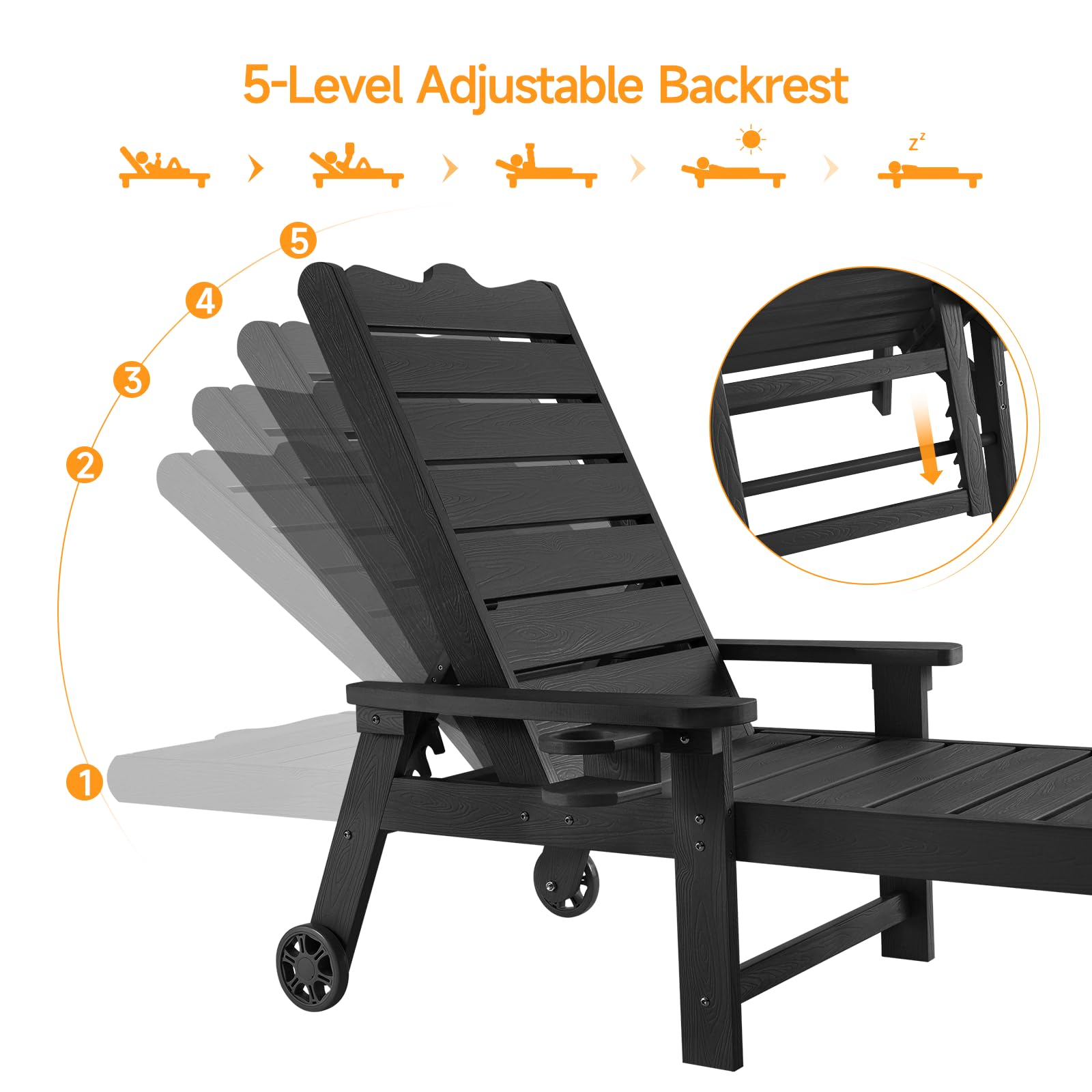 ONBRILL Patio Chaise Lounge Set of 2, Outdoor Lounge Chairs with 5-Level Adjustable Backrest, CupHolder, No Rust, No Fade, No Break, 350lbs Capacity, HDPS Material, Blue