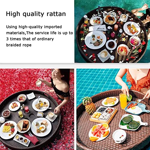 ENPAP Rattan Woven Serving Tray Floating Breakfast Table Serving Buffet Round Tray Drink Holders for Swimming Pool Beach Party Refreshment Durable Foam UV Resistant (Color : Brown, Size : 80cm)