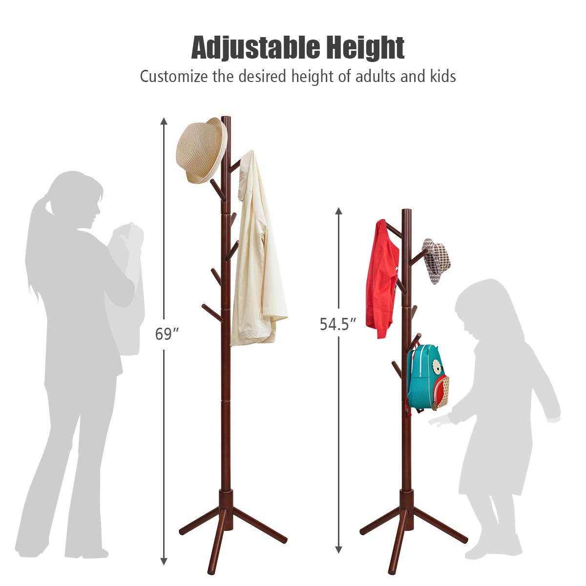 Tangkula Coat Rack Freestanding, Rubber Wood Coat Stand with 8 Hooks, Height Adjustable Entryway Coat Tree Coat Hanger Stand for Home Office Hall Entryway