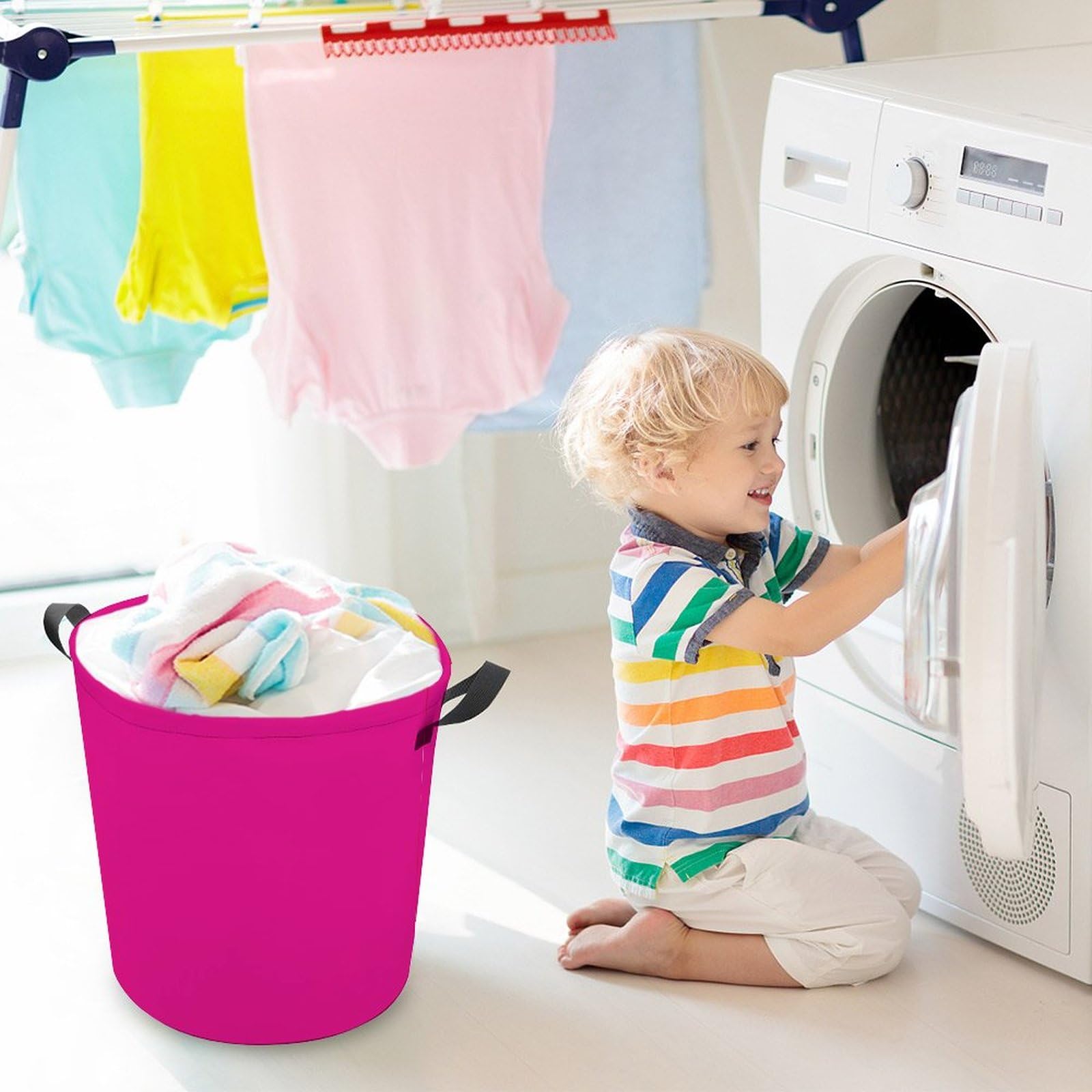 Large Laundry Hamper, Hot Pink Chic Square Laundry Basket Collapsible & Waterproof Storage Basket for College Dorm, Family Essentials