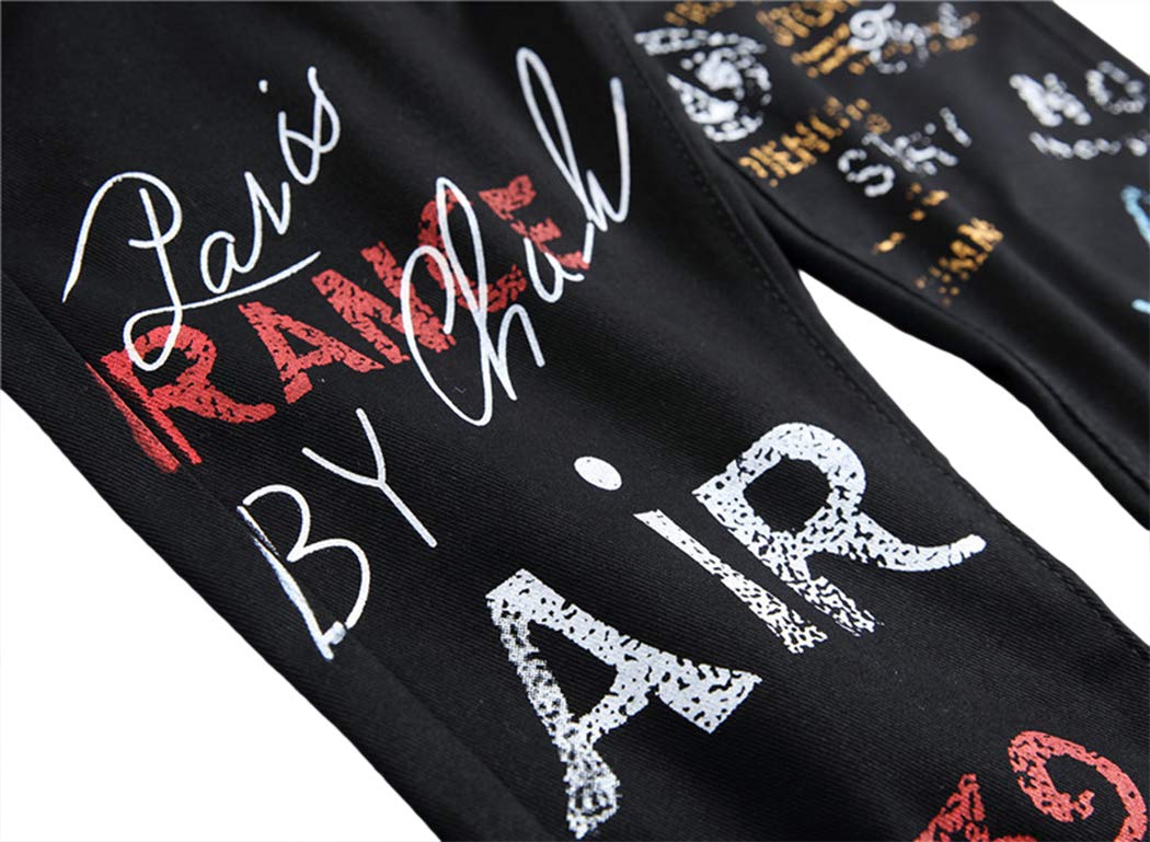 Enrica Men's Casual Color Printed Jeans Skinny Black Denim Pants (Black&Air, 34)