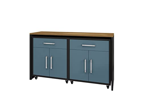 Manhattan Comfort Eiffel Garage Work Station Set of 3 Matte Black and Aqua Blue