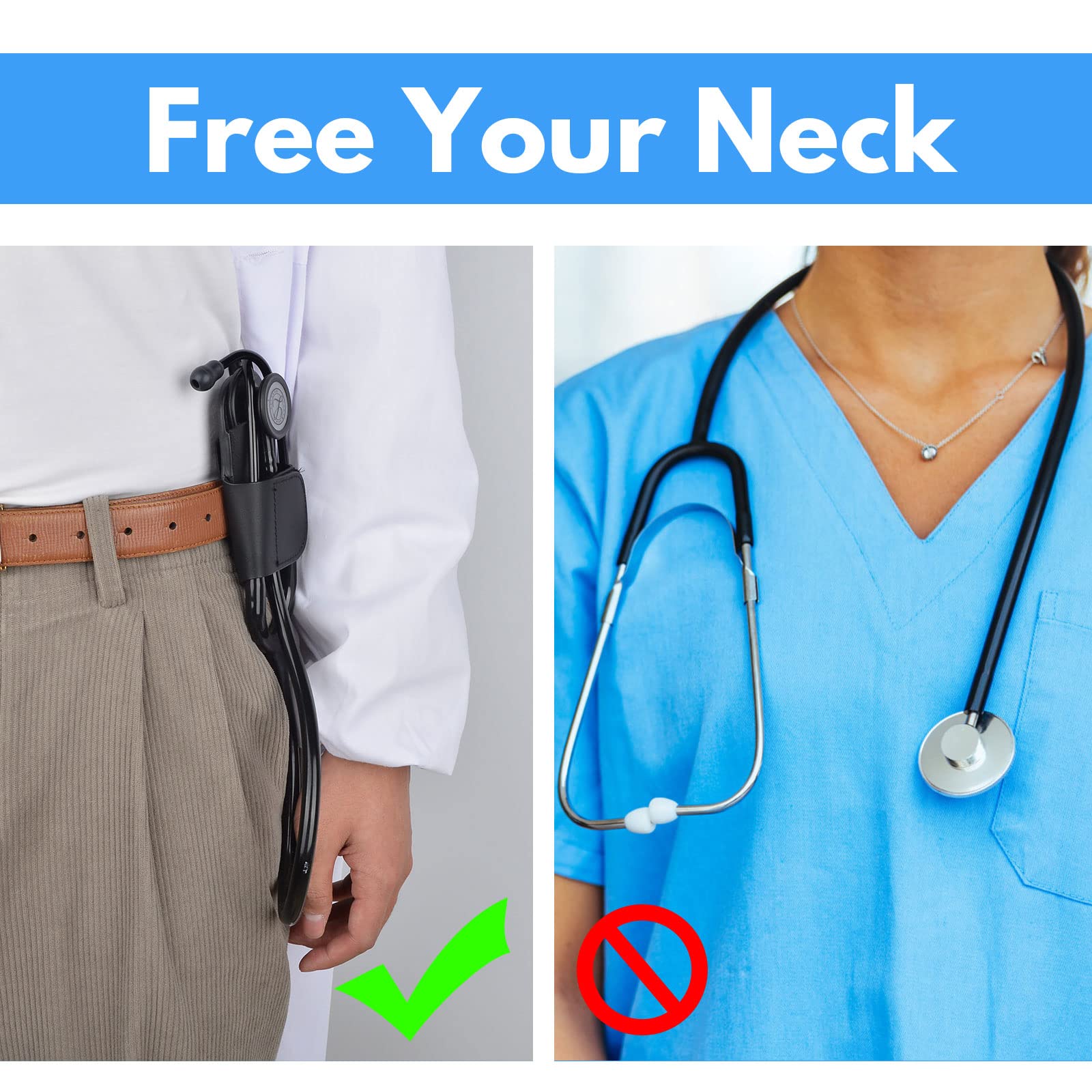 Healvaluefit Stethoscope Holder Genuine Leather for Littmann, Stethoscope Holder Hip Clip with Velcro, Stethoscope Clip for Scrubs, Stethoscopes Accessories Fit for MDF, ADC, EKO (Black)