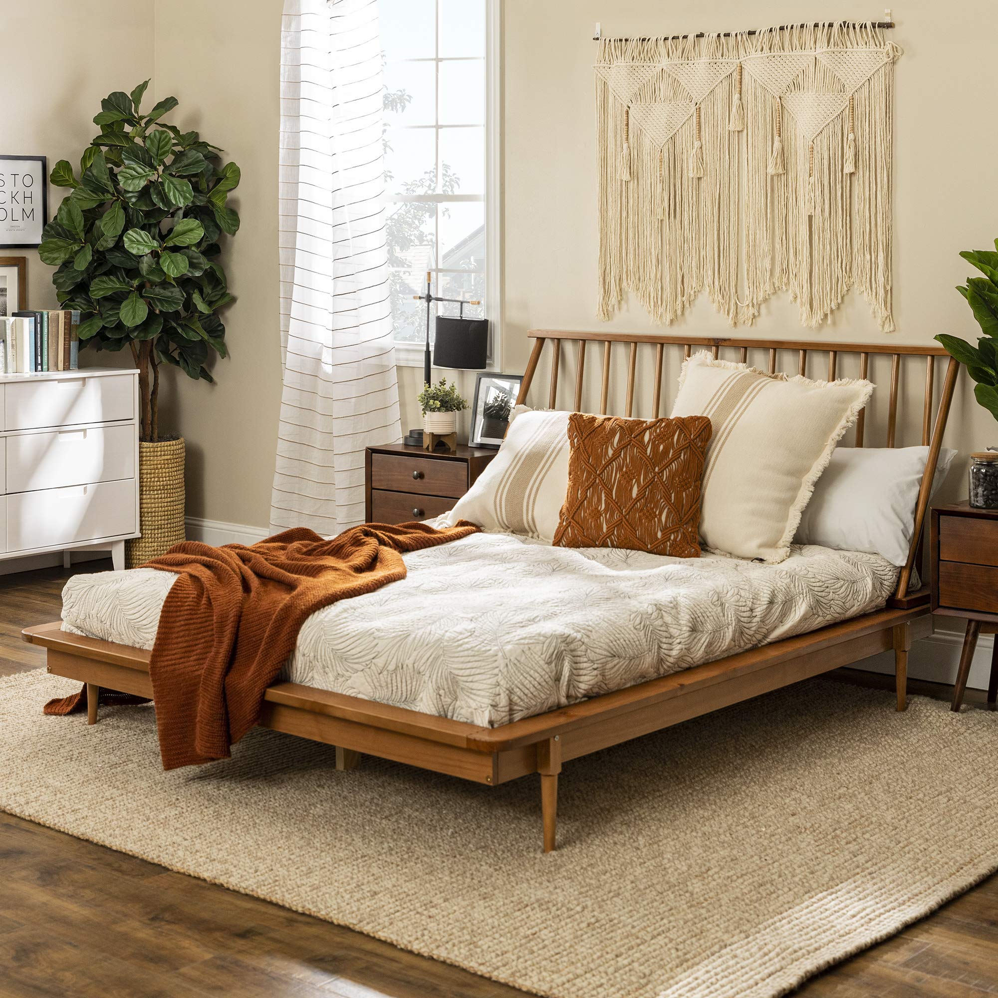 KOYVRY Wooden Spindle Bed Frame - Rustic Bed Frame with Spindle Headboard, Solid Wood Bed Frame with Tapered Legs, Wooden Platform Bed Frame for Living Room (Caramel)