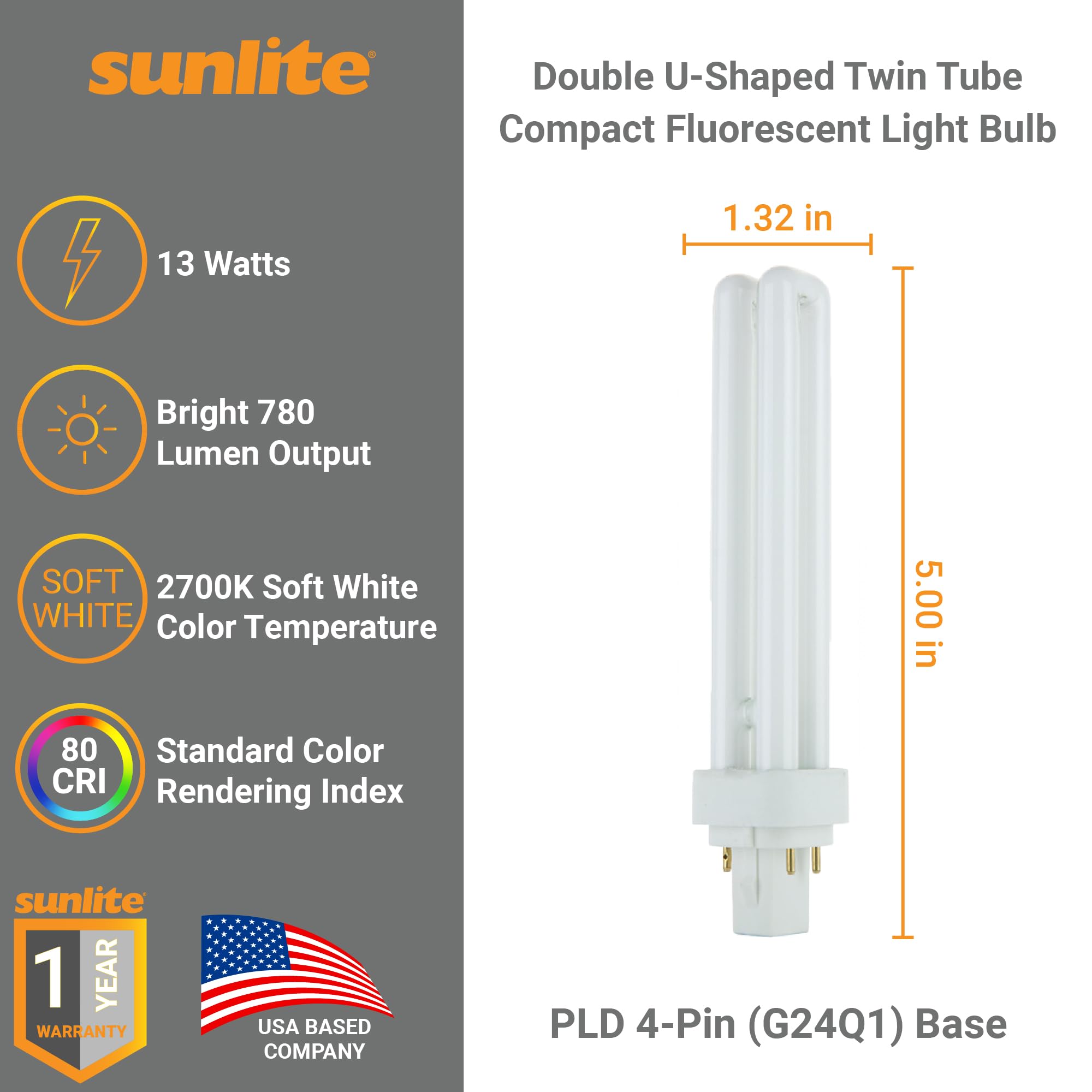Sunlite PLD13/E/SP41K Compact Fluorescent PLD 4-Pin Double U-Shaped Twin Tube, 13 Watts, 120 Volts, 780 Lumens, 4100K Cool White, 4-Pin G24q1 Base, 10 Pack