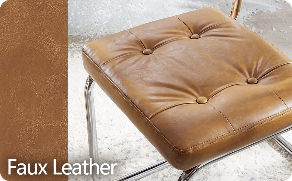 Zouron Mid-Century Modern Dining Chairs, Leather Accent Kitchen Chairs with Rattan Back, Armless Upholstered Fabric Spone Chairs with Chrome Metal Legs, Set of 2, Yellwo Brown