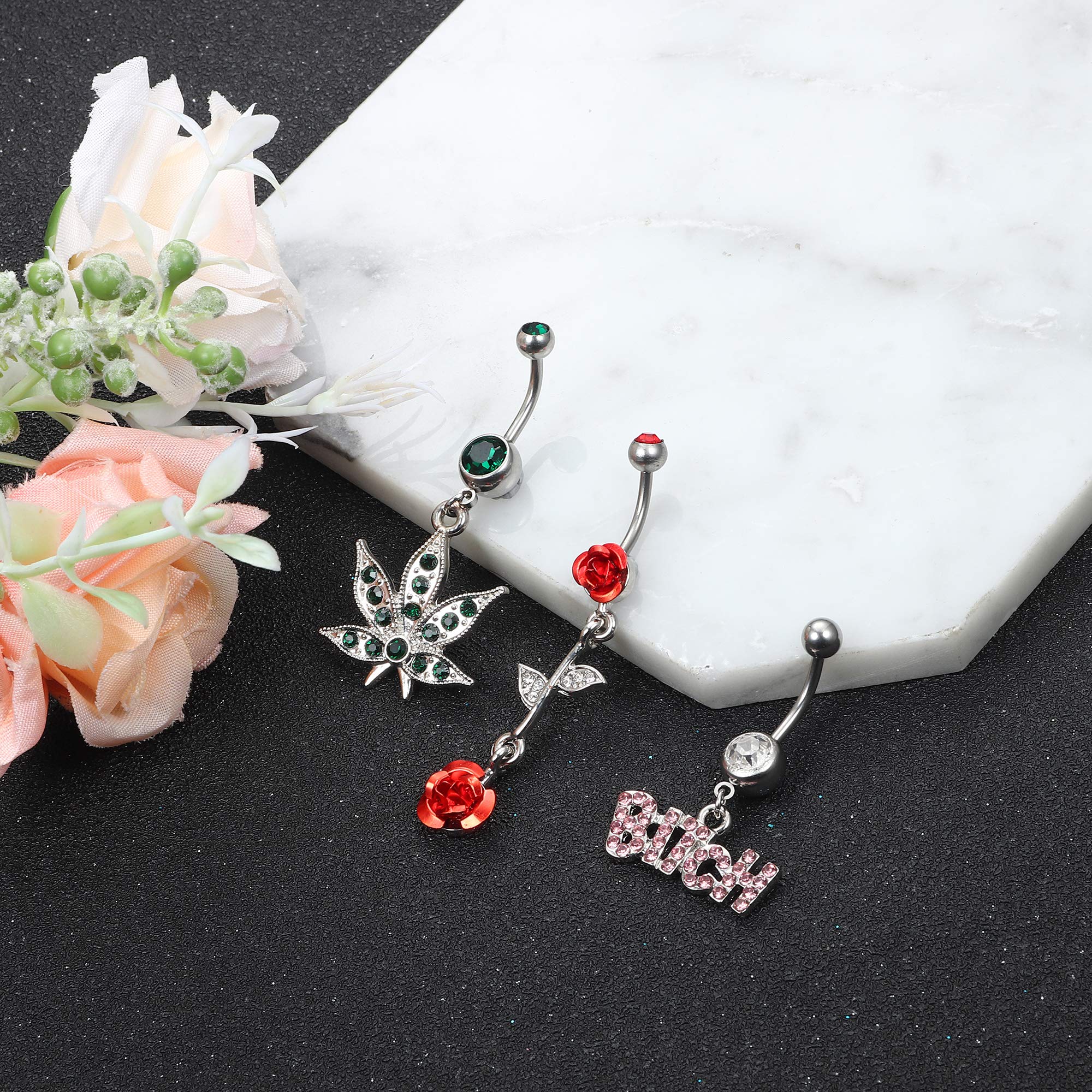 Drperfect 6PCS 14G Dangle Belly Button Rings Rose Gold Silver Plated 316L Stainless Steel Belly Button Piercing Jewelry for Women