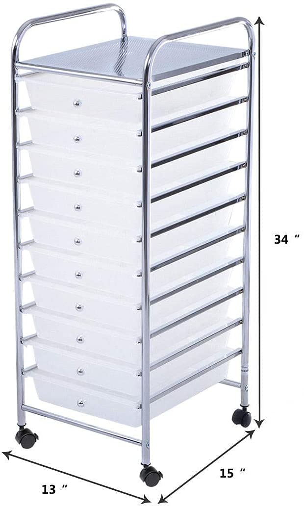 GOFLAME Rolling Drawer Cart with 10 Drawers, Utility Storage Organizer Cart with Wheels and Metal Frame, Art Cart for Office, School, Home, Clear