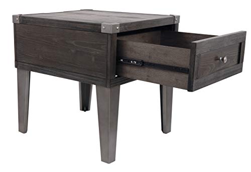 Signature Design by Ashley Todoe Industrial Square End Table with 1 Drawer, 2 Outlets and 2 USB Charging Ports, Dark Gray with Weathered Pine Finish