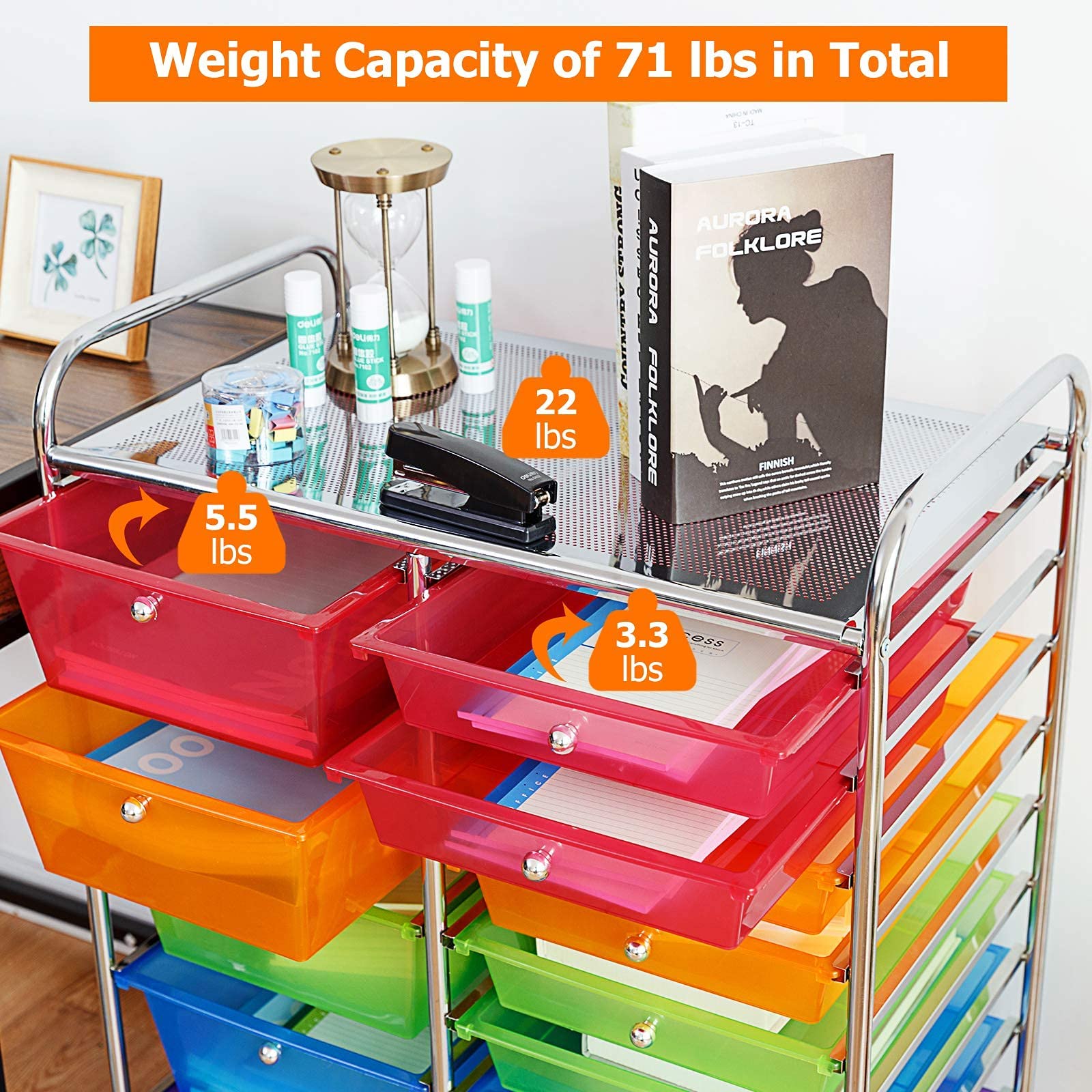 Giantex 15-Drawers Rolling Storage Cart, Mobile Book Paper Organizer Utility Trolley with Wheels, Ideal for School, Office, Home (Rainbow)