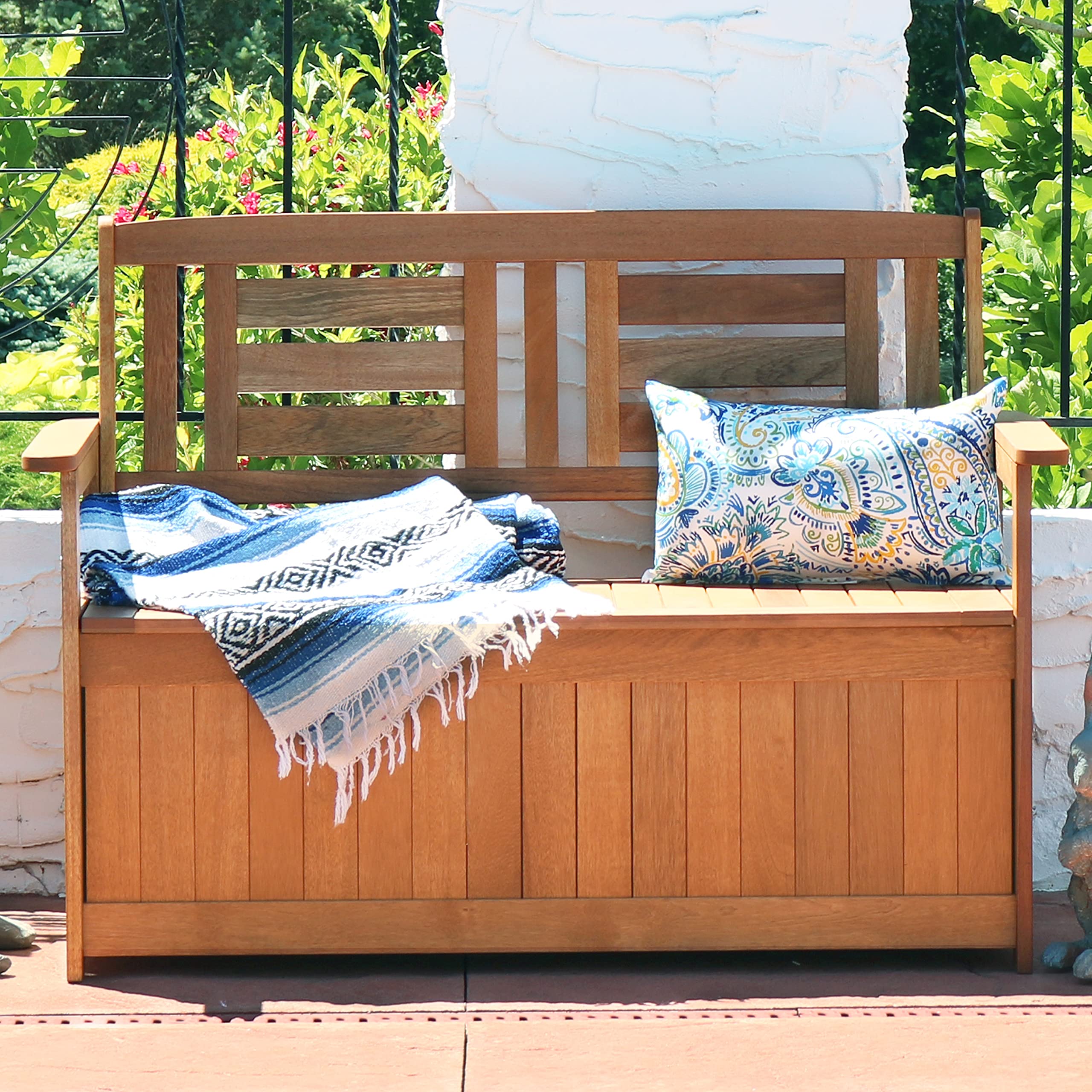Sunnydaze 51-Inch Meranti Wood Outdoor Storage Bench with Teak Oil Finish