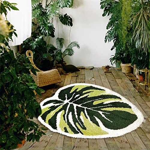 THRILRUG Monstera Leaf Area Rugs Non Slip Bath Mat Tufted Rug,Ultra Soft Washable Children Play Plant Leaves Shaped Kids Pets Floor Mat Carpet for Bedroom,Living Room Green 3.6'×4.7'
