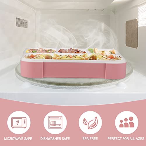 NatraProw Bento Box for Kids, 4 Compartment Kids Lunch Box Leak Proof, Cute Bento Snack Box for Adults and Kids With Utensils, Lunch Containers BPA-Free, Microwave Bento Box (Pink)