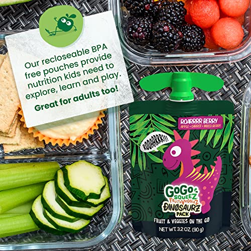 GoGo squeeZ Fruit & veggieZ Variety Pack, Jurassic Pear, Roarrrr Berry & Prehistoric Peach, 3.2 oz (Pack of 20), Unsweetened Snacks for Kids, No Gluten, Nut & Dairy, Recloseable Cap, BPA Free Pouches