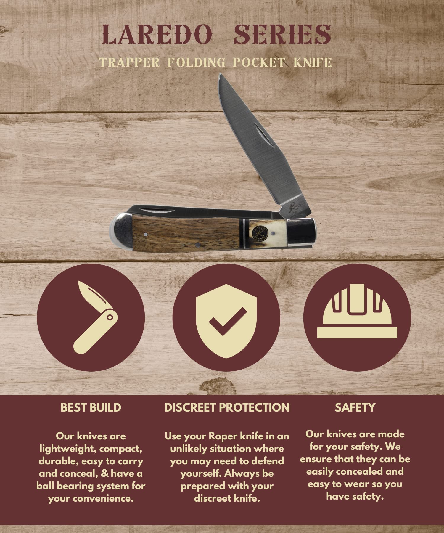 Roper Knives Laredo Series Tapper Folding Pocket Knife β (2) 1065 Carbon Blades in 1 Knife with a Stag Wooden Handle