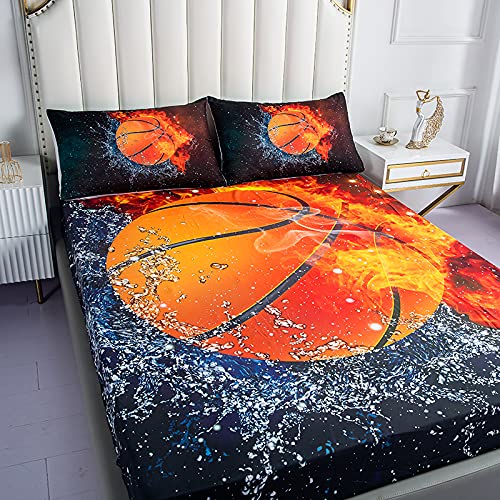 Roscloud Sports Basketball Sheets Sets Full Size - 3PC Ice Flame Galaxy Basketball Boys Fitted Sheet(Fitted Sheet*1 Pillowcases*2)