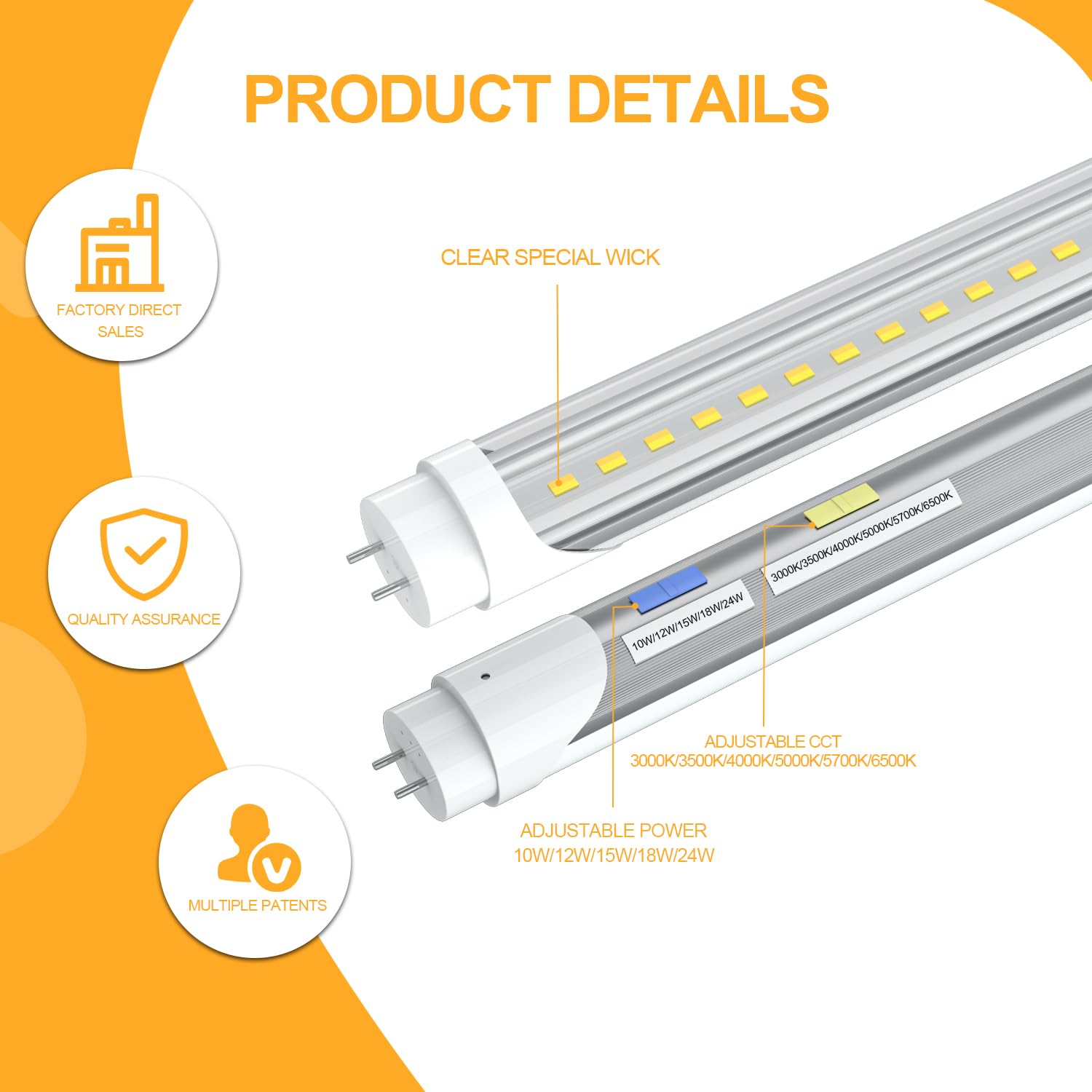 T8 LED Tube Light Bulbs 4 Foot, 5 Power(10W-24W)& 6CCT(3000K-6500K) All in 1,Plug & Play or Ballast Bypass,T8 T12 4ft Fluorescent Tube Light Bulbs Replacement, Type A+B Tube, ETL DLC(Clear-6Pack)