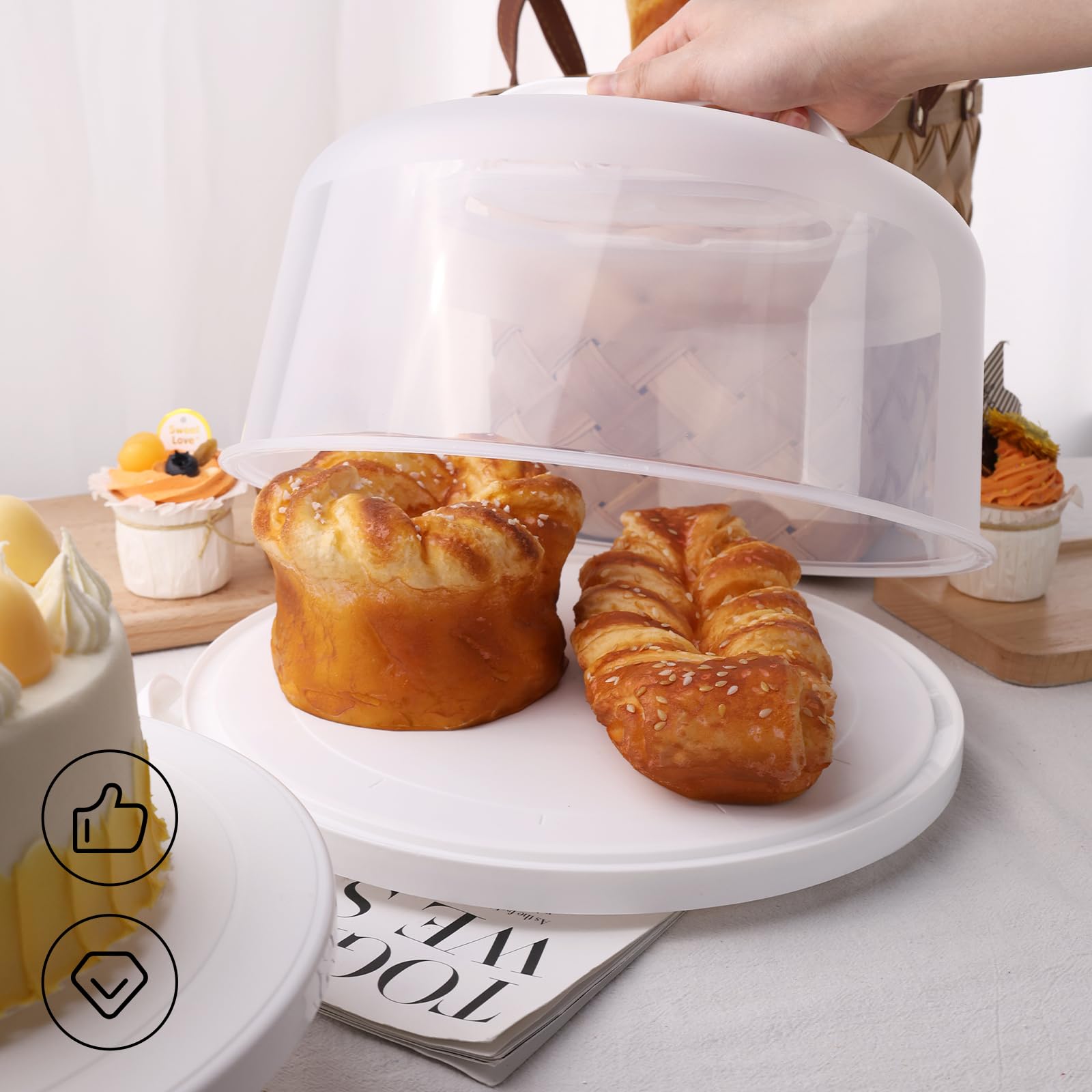 JOHOUSE Cake Carrier with Lid, White Round Cake Holder Cupcake Container with Dome for 11 Cupcakes 2 in 1 Portable Dessert Container for Cake Pie Muffin Cobbler