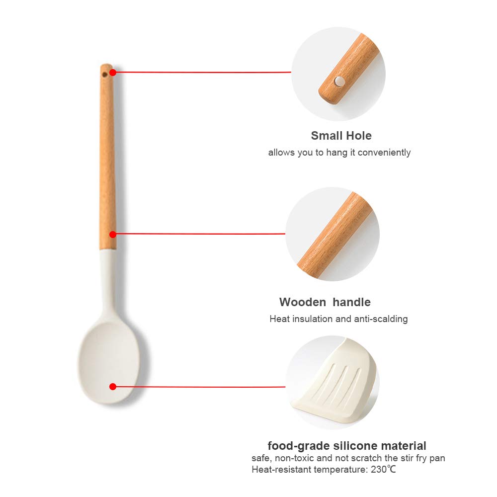 dsfen Silicone Cooking Utensil Set Non-stick Kitchen Utensils Set 10 PCS Heat Resistant Kitchen Tools with Wooden Handle