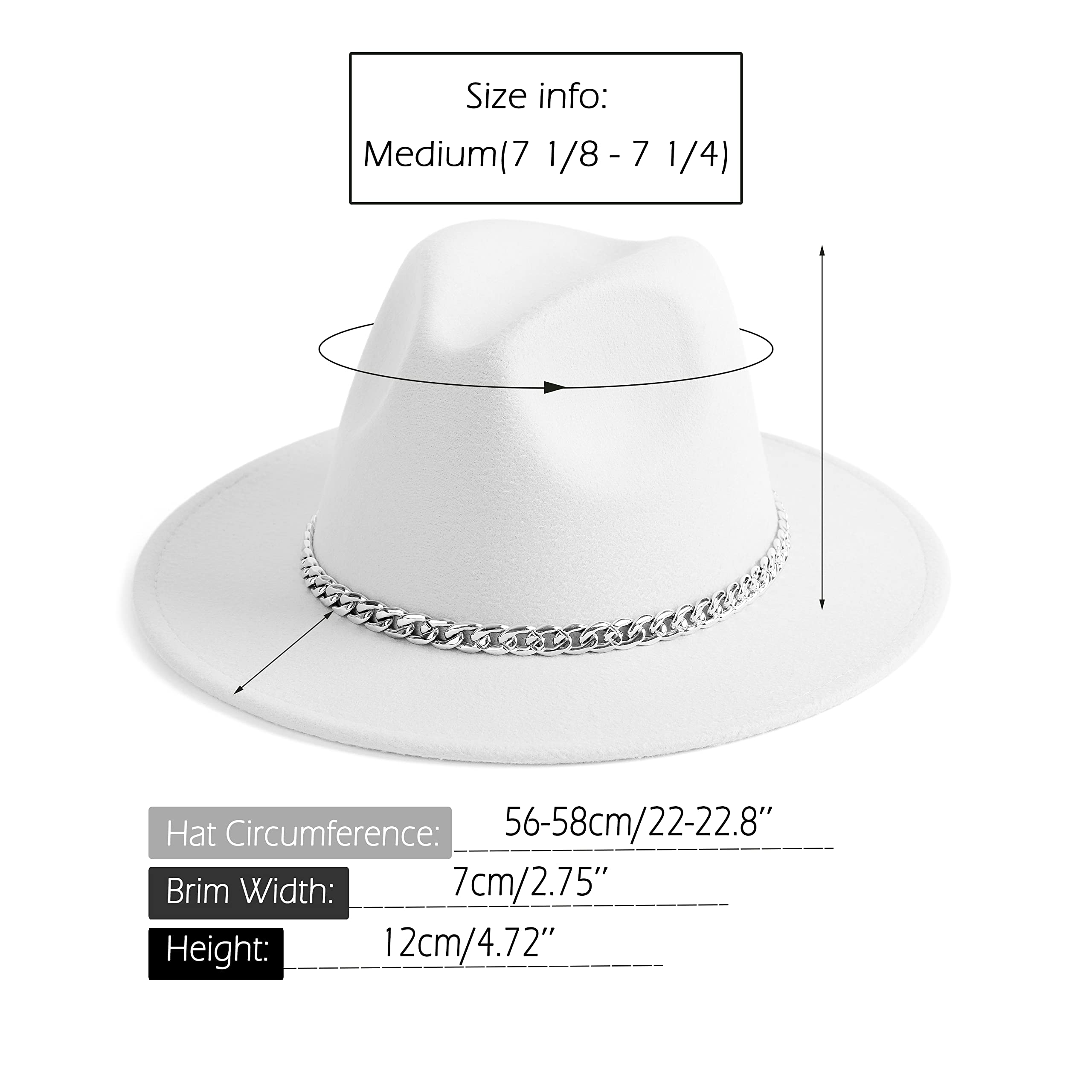 Gossifan Classic Wide Brim Fedora Hat with Chain Belt Buckle - AAA-White