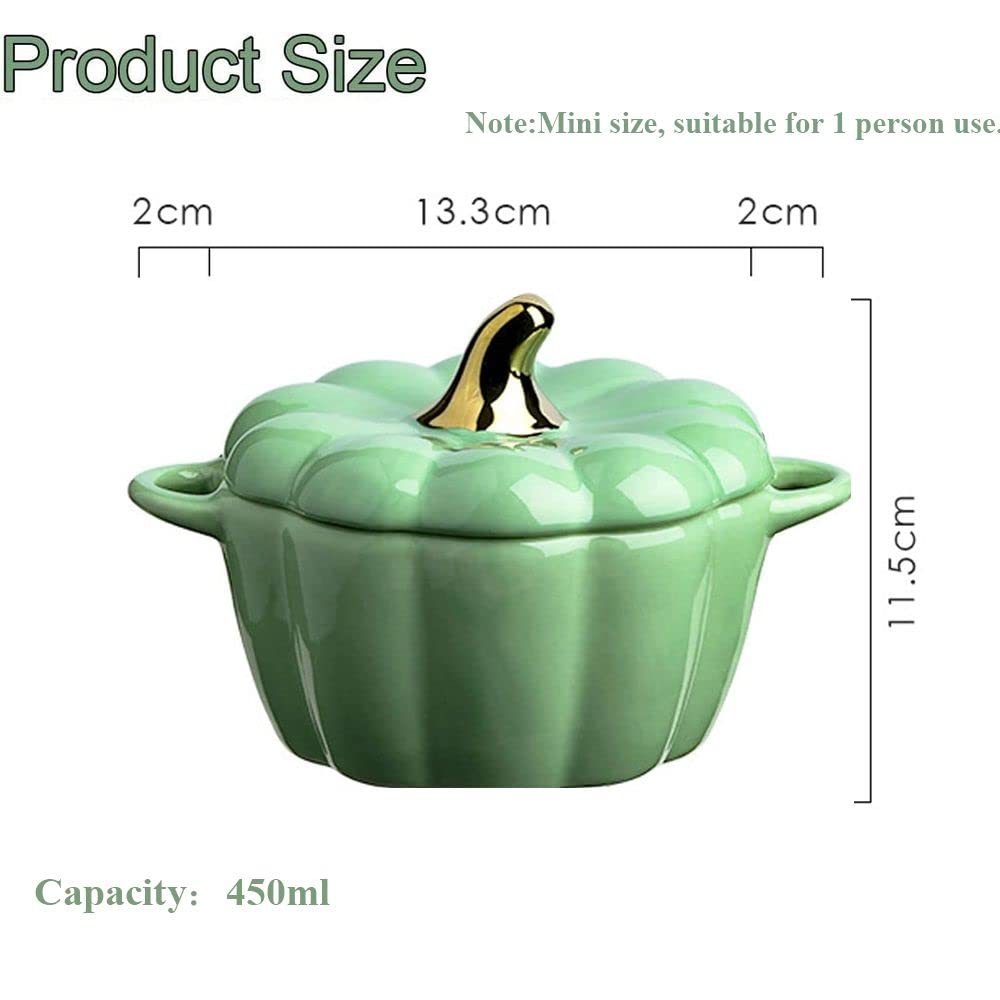 Dutch Oven Pot with Lid, Pumpkin Pottery Dessert Saucepan, Mini Baking Dish Cute Pumpkin Bowl, Covered Dutch Oven Ceramic Stockpot, Pumpkin-Shaped Casserole (Green)