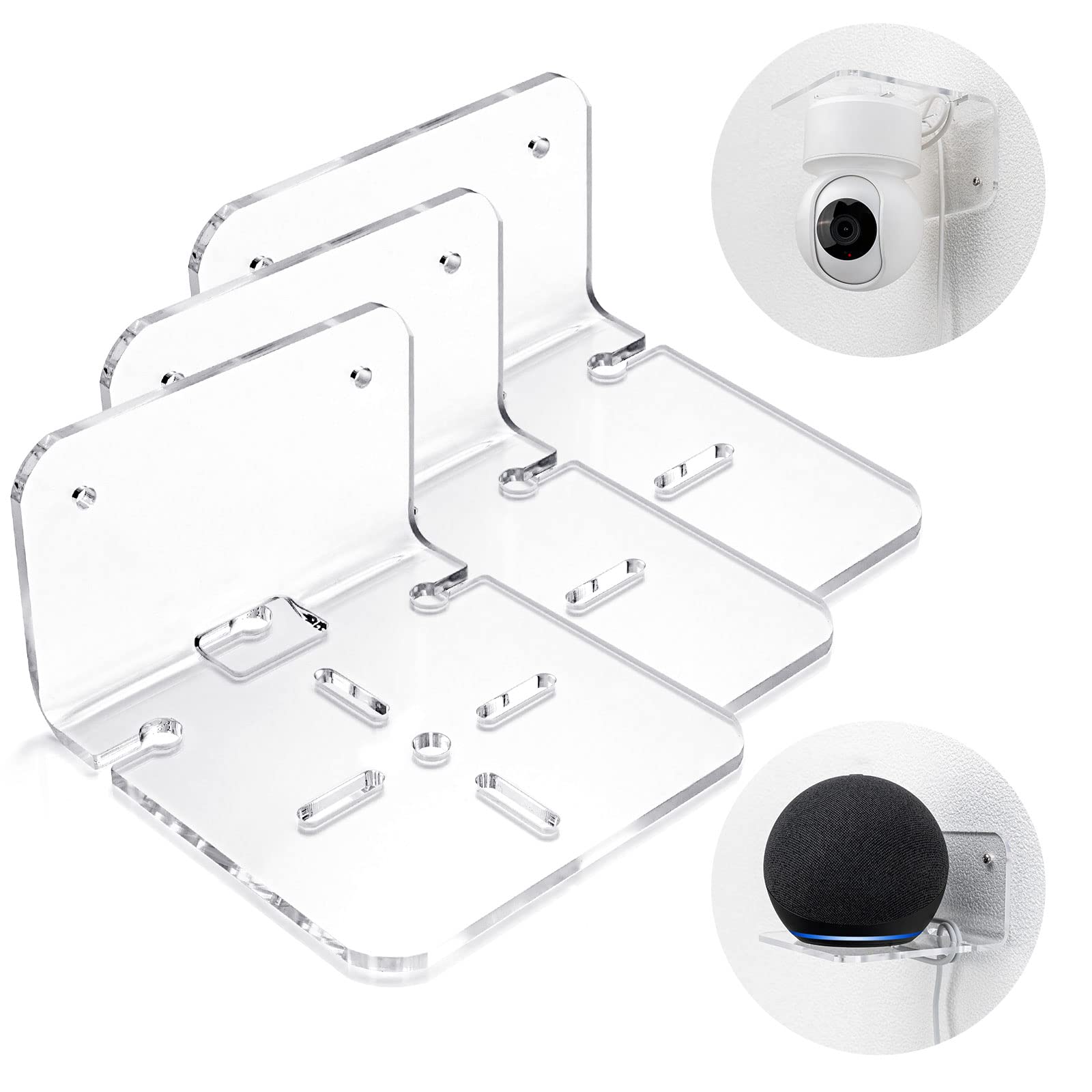 HAYVAN Acrylic Small Wall Shelf Set of 3 for Security Cameras, Baby Monitors, Speakers & More - 4'' Universal No Drill Shelves Easy to Install with Strong Tapes, Screws & Rubber Plug (White)