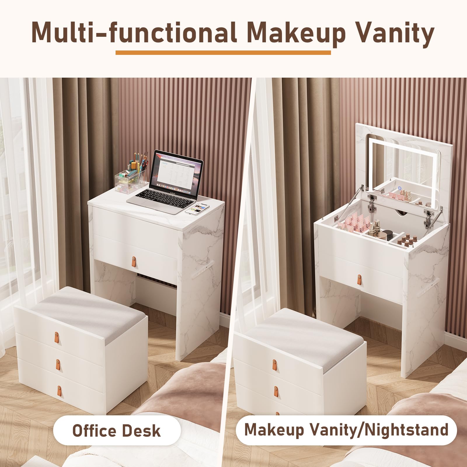 Makeup Vanity Desk with Mirror and Lights, 3-in-1 Vanity Set with 3 Drawers, Small Makeup Vanity with Hidden Stool, Compact Dressing Table Charging Station for Bedroom/Living Room-Beige