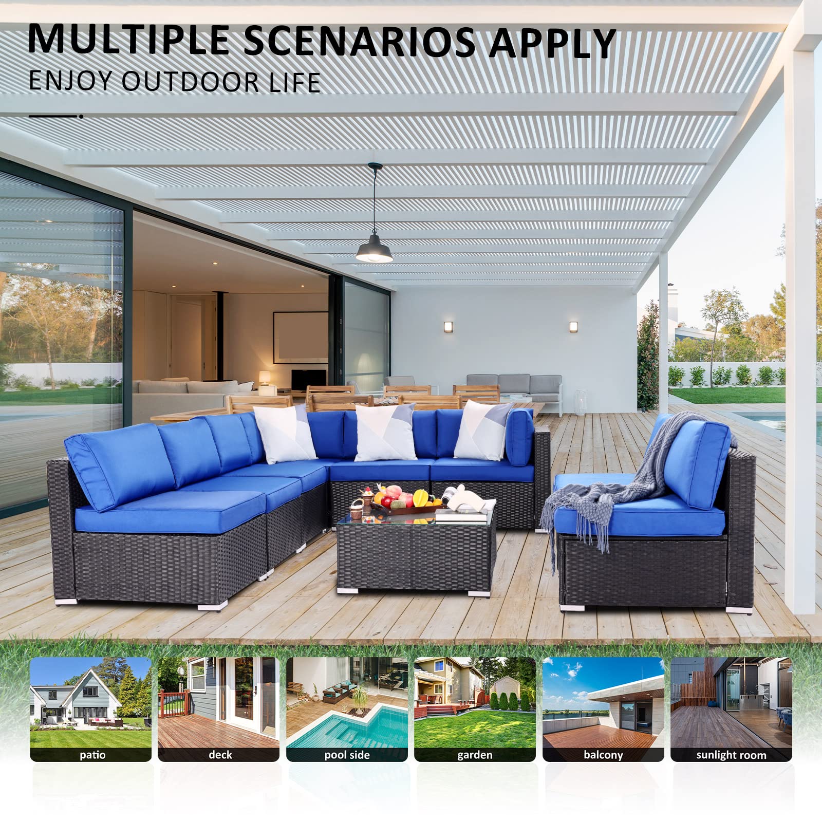 SUNVIVI OUTDOOR Patio Loveseat, 2 Piece Wicker Outdoor Sectional Couch with Removable Navy Blue Cushions, Extra Sofa Furniture