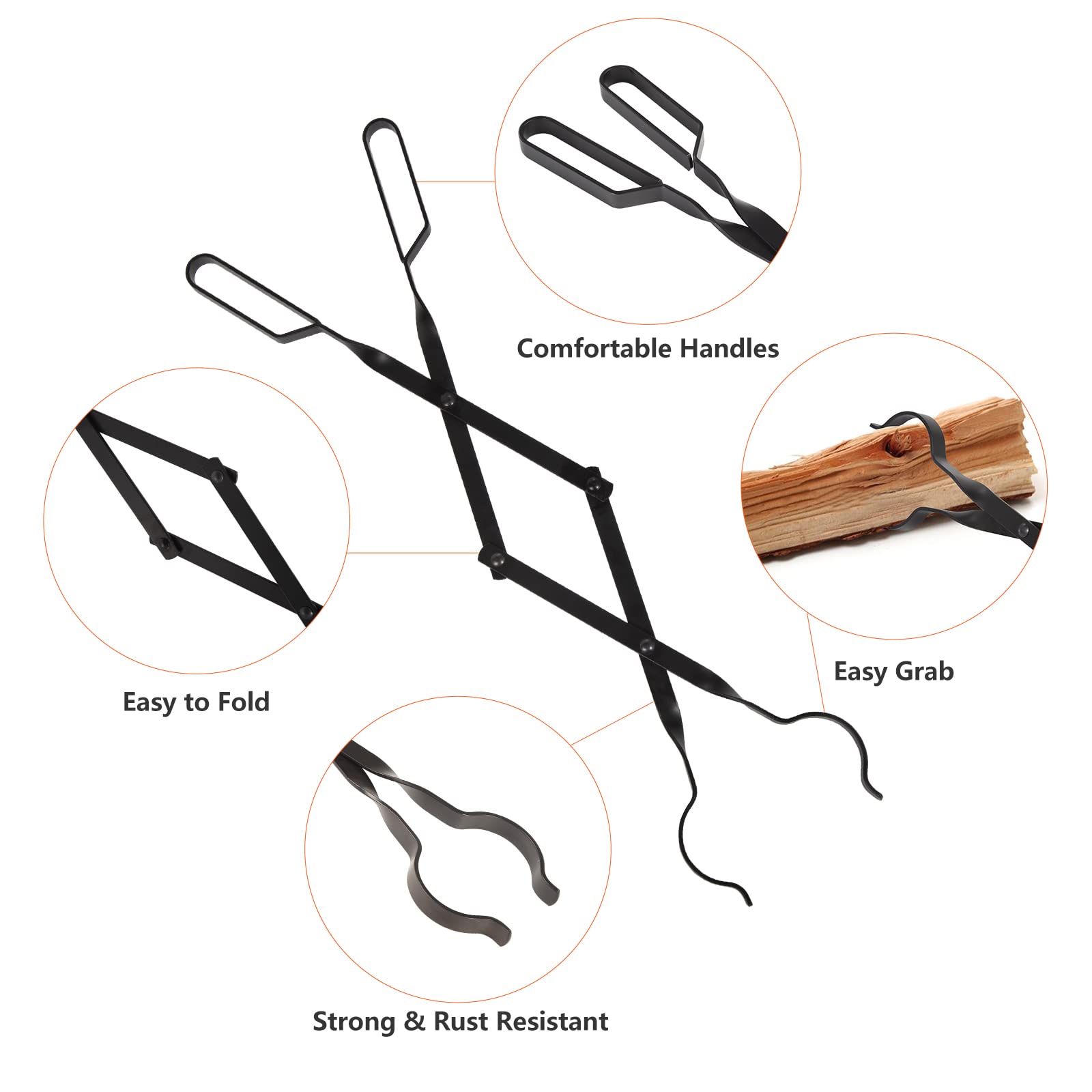 Heavy Duty 32β Long Fireplace Fire Pit Campfire Poker Stick and 26β Fireplace Tongs Tool Sets, Log Grabber, Rust Resistant Black Finish Camping Fireplace Tools for Indoor/Outdoor