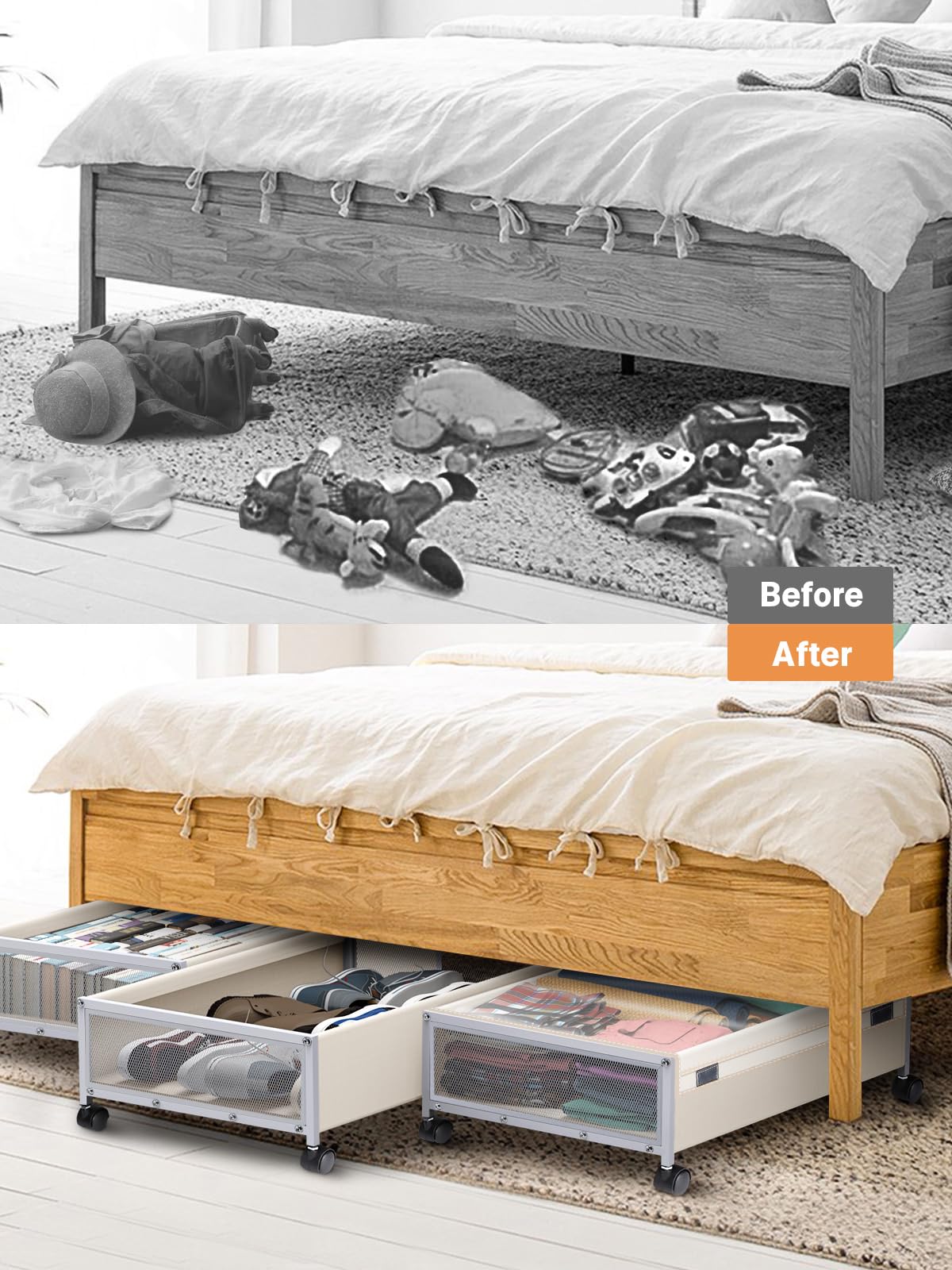 Fulpower Under Bed Storage, 2 Pack Under Bed Storage with Wheels, Large Under Bed Rolling Storage with Lid, Bedroom Storage Organizer for Clothes, Shoes,Toys, Books, Bedding, Blankets WHITE