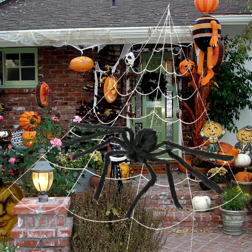 Halloween Decorations 276" Halloween Spider Web + 59" Giant Halloween Hairy Spider with Triangle Huge Spider Web for Indoor Outdoor Halloween Decoration Yard Lawn Home Party Haunted House Decor
