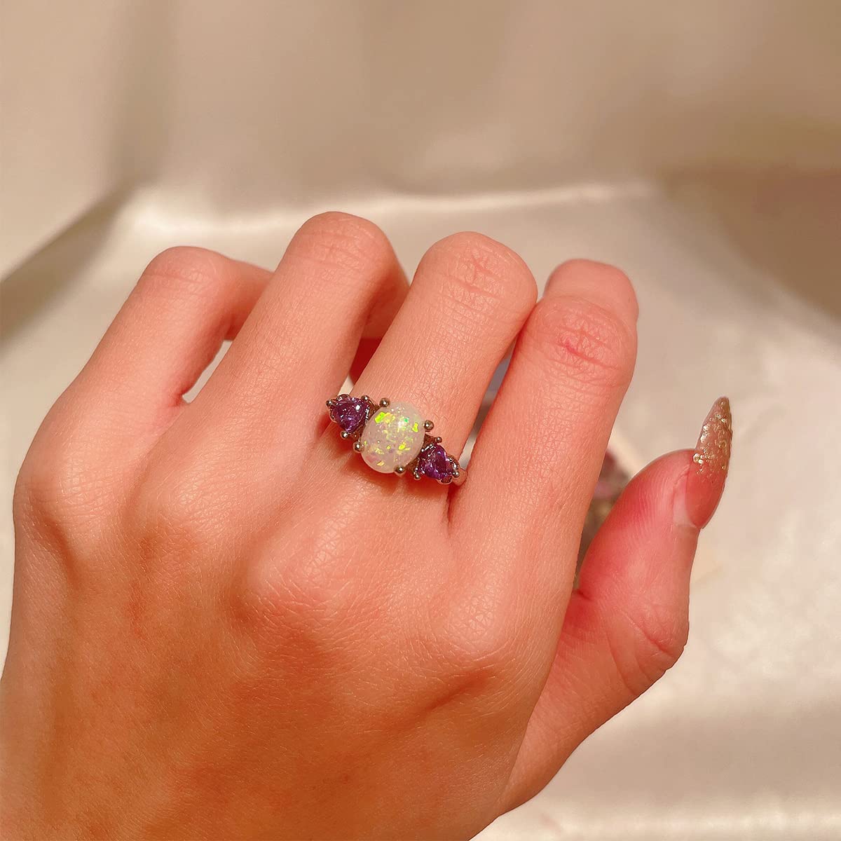 ERLOSYA Women's 925 Sterling Silver White Fire Opal Ring Oval Cut Purple Amethyst Cubic Zirconia Ring Jewelry Birthday Gift Gemstone Anniversary Size 6-9 (#7)