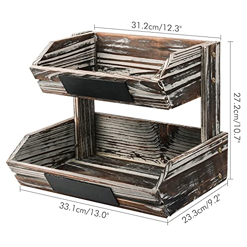 Rustic Fruit Basket Holder, 2 Tier Wood Fruit Stand with Chalkboards, Countertop Fruit and Vegetable Storage for Farmhouse Kitchen, Wooden Fruit Bowl for Vegetable Bread Snacks