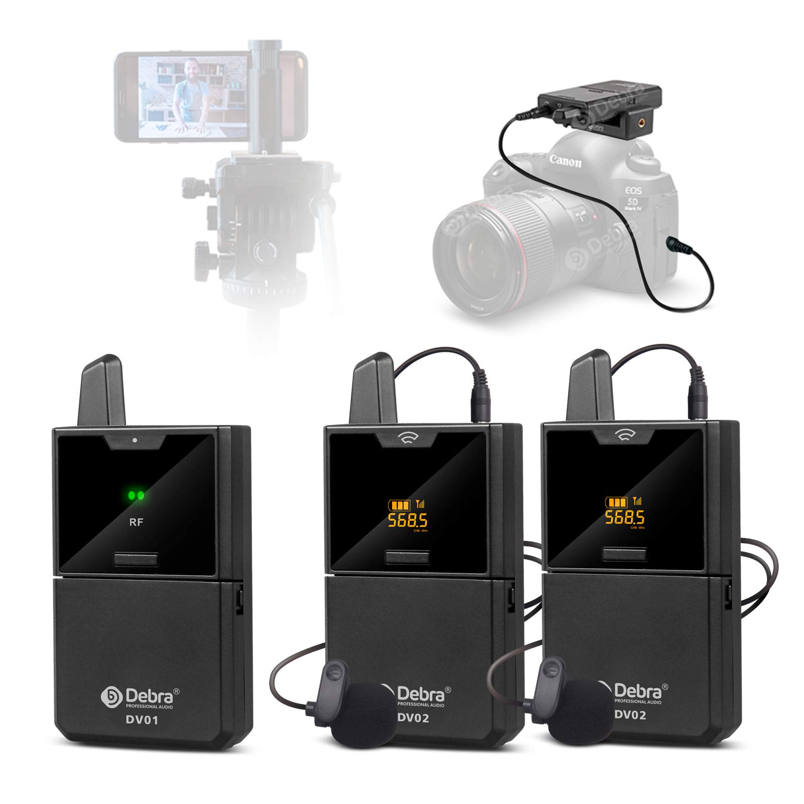 D Debra DV-02 UHF Wireless Lavalier Microphone with Remote Real-time Monitor Compatible with Smart Phone, DSLR Camera for Video Recording Interview