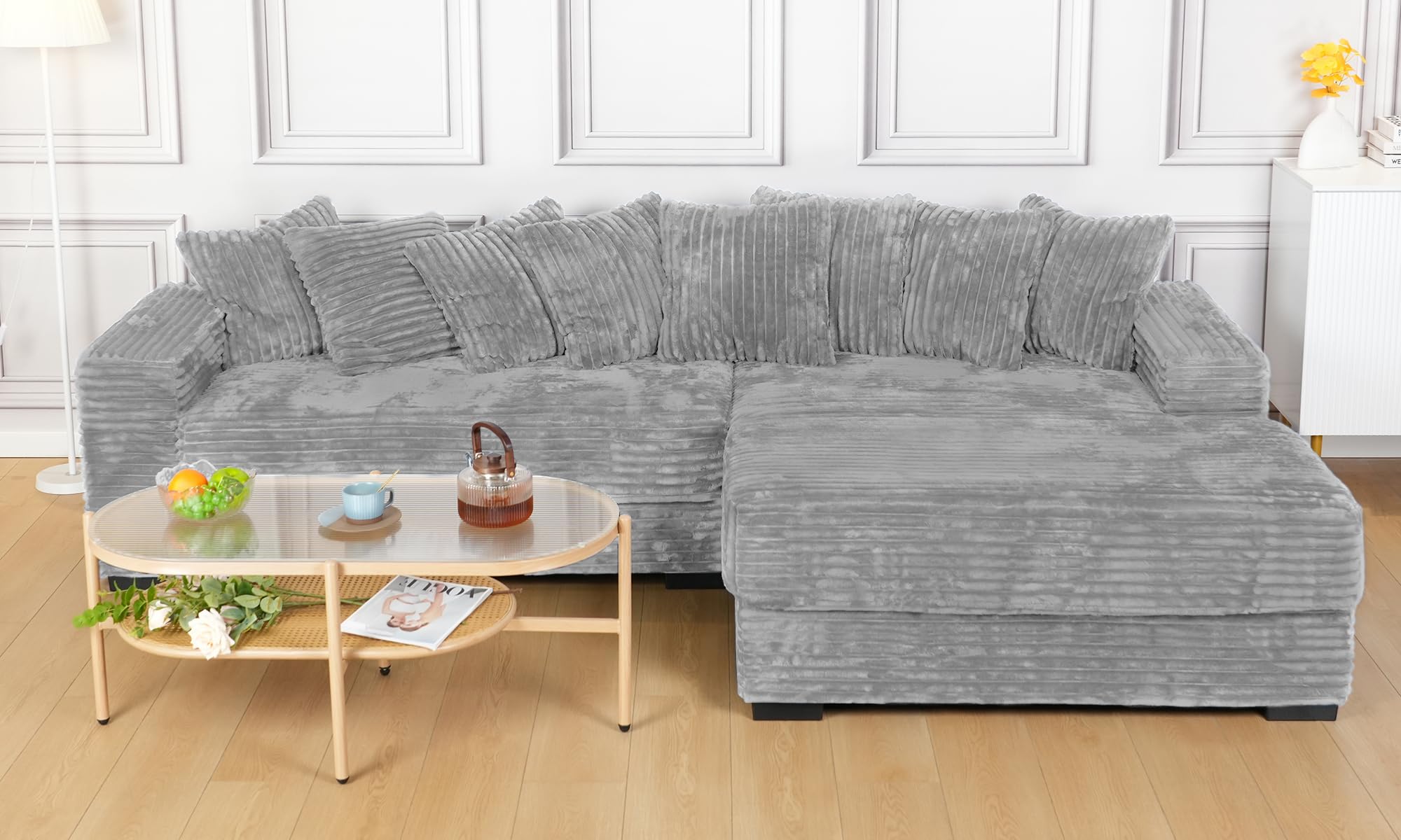 smilesun Luxe Oversized L Shaped Sofa with Chaise,Comfy Faux Fur Plush Two-Piece L Shaped Sectional Couches with 8 Pillows,Soft Fluffy Upholstered Sofa Bed for Living Room Apartment Bedroom Navy Blue