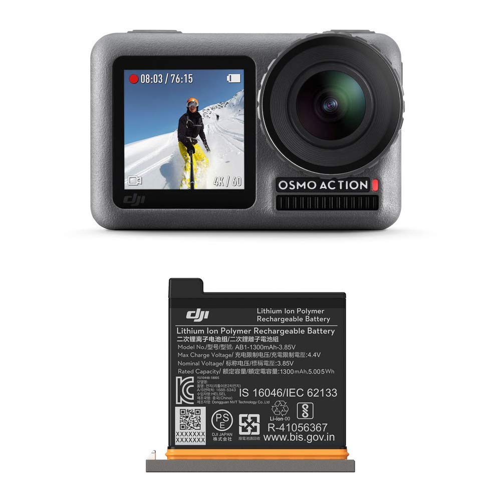 DJI OSMO Action Cam Digital Camera with 2 Displays 36FT/11M Waterproof 4K HDR-Video 12MP 145° Angle Black with Extra Battery