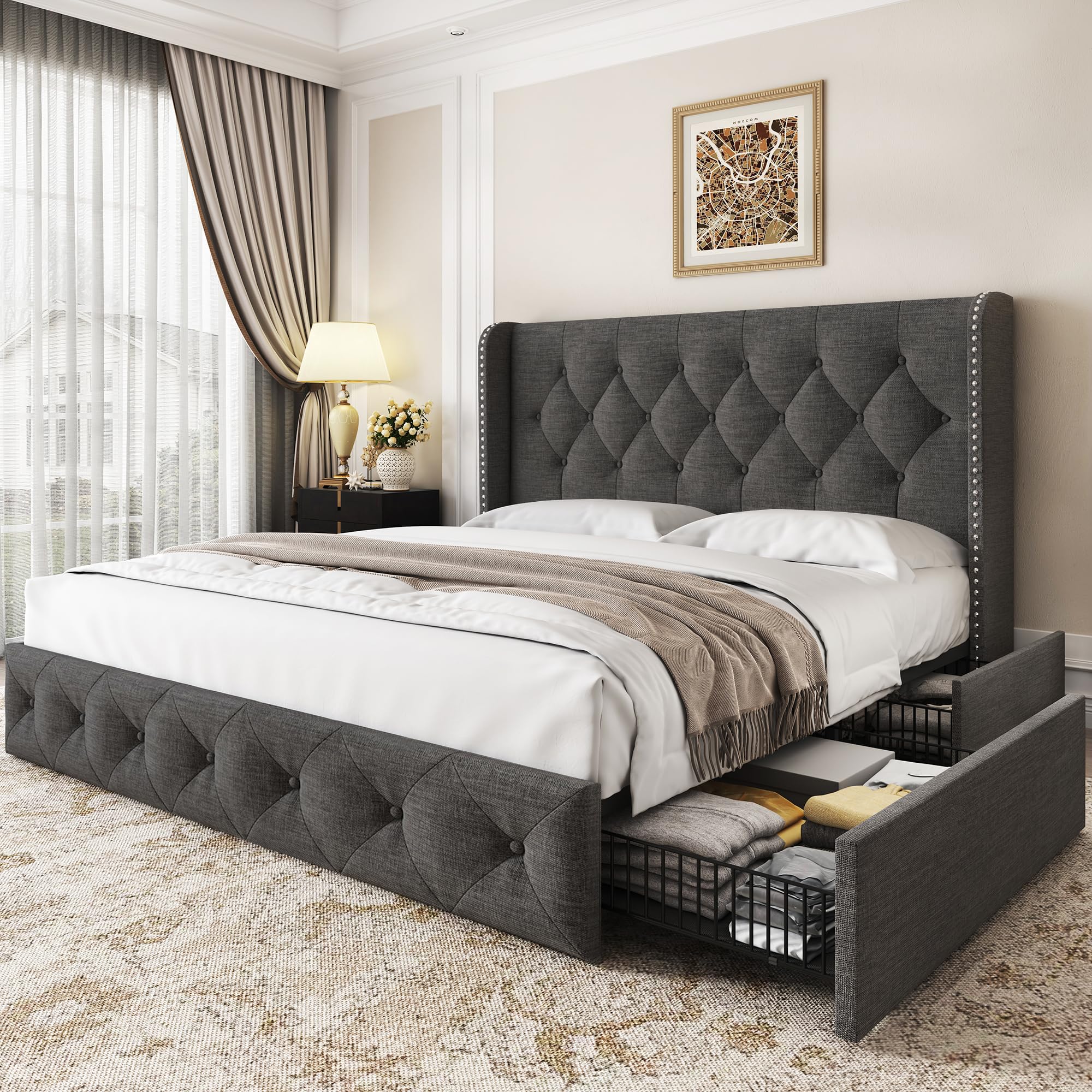 LARMACE King Size Bed Frame with 4 Storage Drawers and Wingback Headboard Linen Upholstered Platform Bed Tufted Bed Frame with Wood Slats Support, No Box Spring Needed, Light Grey