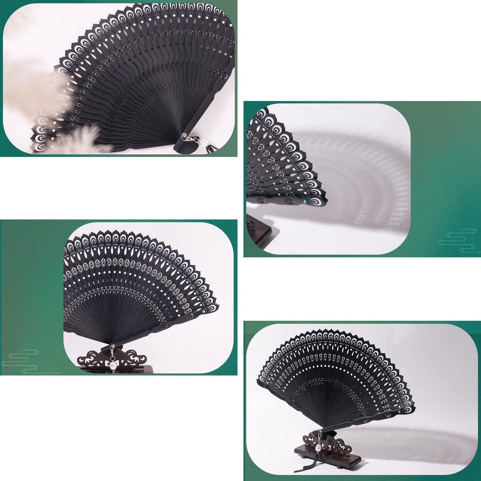 ERTUO Bamboo folding fan black hollow retro Hanfu cheongsam fan summer portable cooling fan